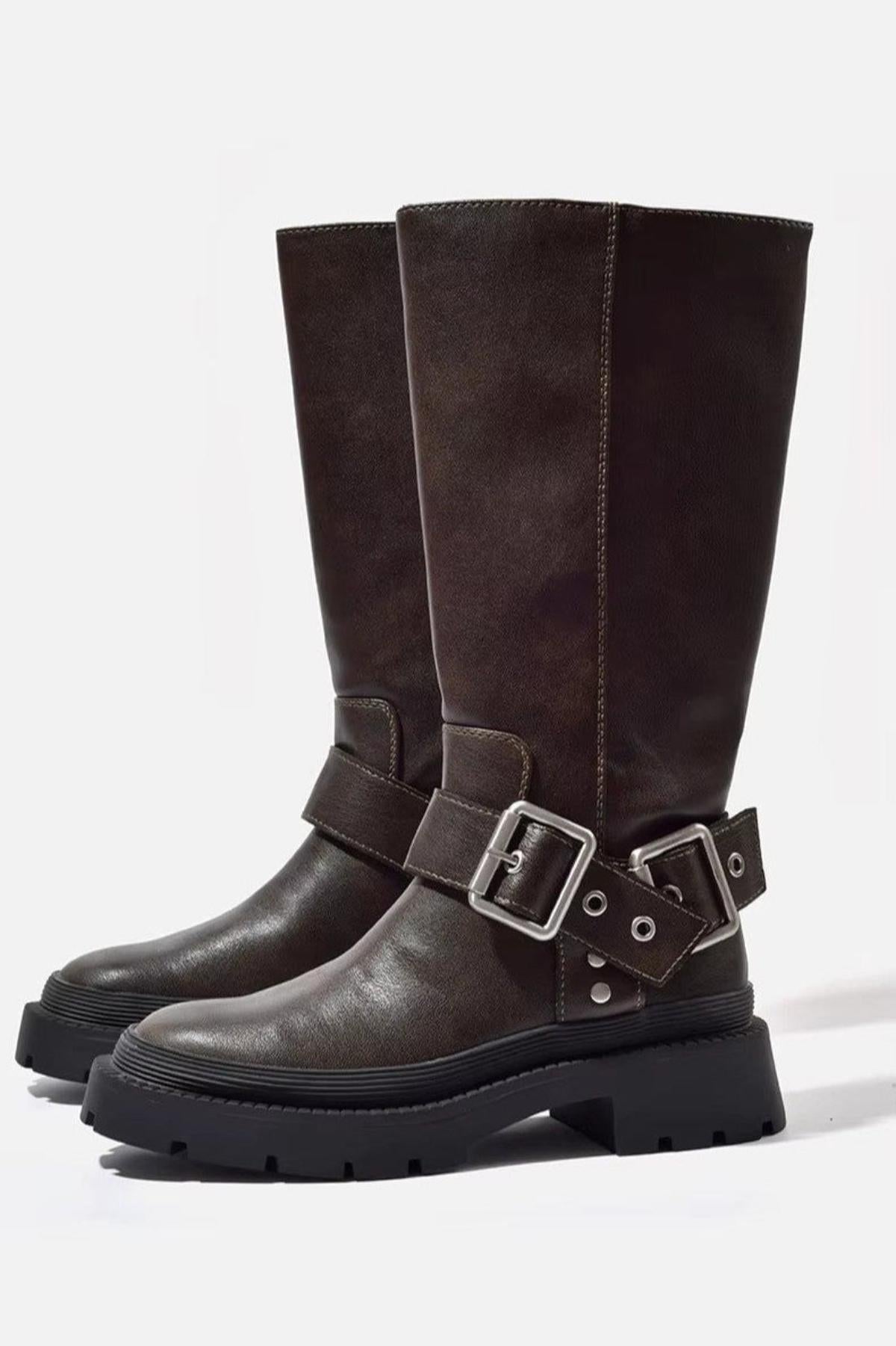 Knee-High Chunky Flat Boots – Retro Buckle – Harriet London